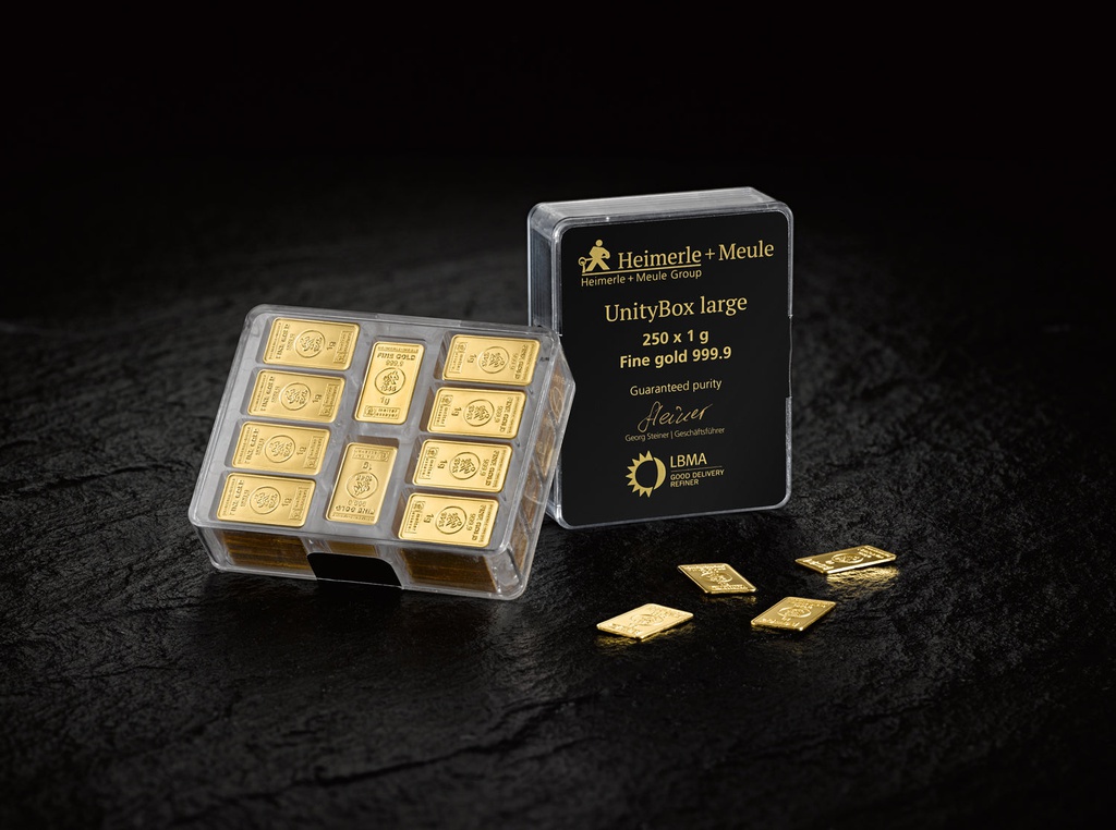 250 x 1g Gold Bar Heimerle+Meule UnityBar | CelticGold.eu